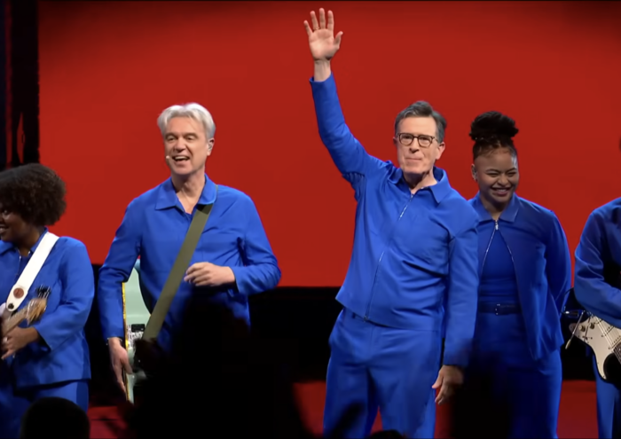 David Byrne Welcomes Stephen Colbert for “Burning Down the House” in ...
